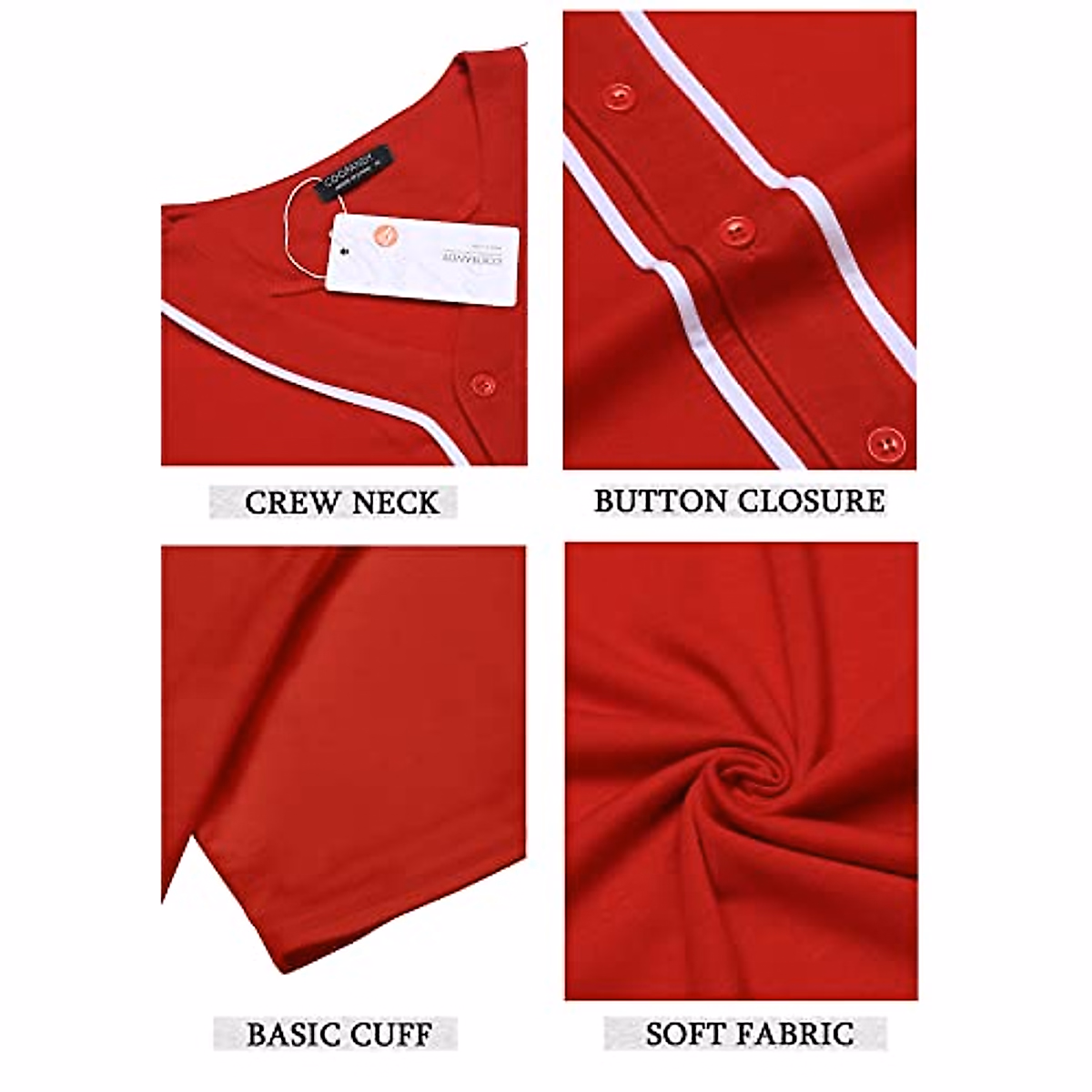 COOFANDY Mens Baseball Jersey Button Down Shirts Sports Hipster Hip Hop Uniforms Men Women Jersey (Red,Large)