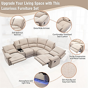 P PURLOVE Reclining Sofa for Living Room, Modern Manual Reclining Furniture Set with USB Ports, Hidden Storage, LED Light Strip and 2 Cup Holders, L-Shaped Velvet Couch for Apartment, Bedroom (Cream)