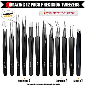 Antonki 12 Pack Tweezers, Precision Tweezers Set, Craft Tweezer Kit, Soldering Tweezers, Jewelry Tweezers, Pointed Ingrown Hair Tweezers, Eyelash Extension Tweezers, Eyebrow Tweezers - with Case