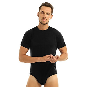 renvena Mens Press Button Crotch Shirt Bodysuit Short Sleeve Leotard Undershirt Romper Black 4X-Large
