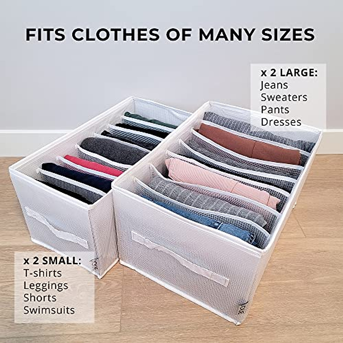 Joue Closet Drawer Organizers 4 Pcs. Premium, Extra-Sturdy, Mesh Organizational Dividers for Clothes Storage. White Wardrobe Dresser Clothing Grid System for Tshirts, Jeans, Leggings. 2 Small, 2 Large