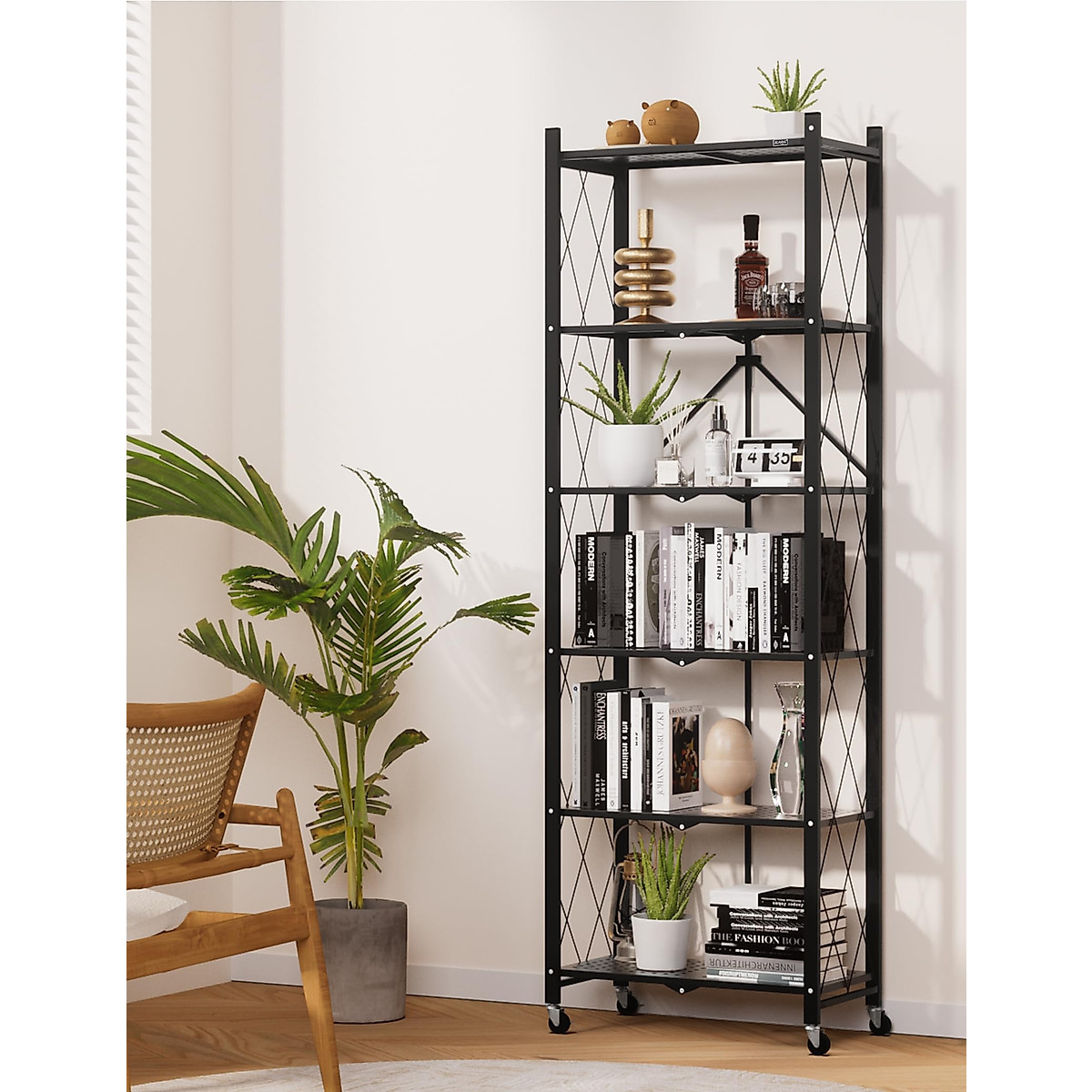 ALANNG 73.6 Inch Folding Bookshelf, 6 Tier Metal Bookcase and Bookshelves, Tall Shelves for Living Room Office Bedroom, Heavy Duty Book Shelve Free Standing Open Bookshelve (Black, 2PACK)