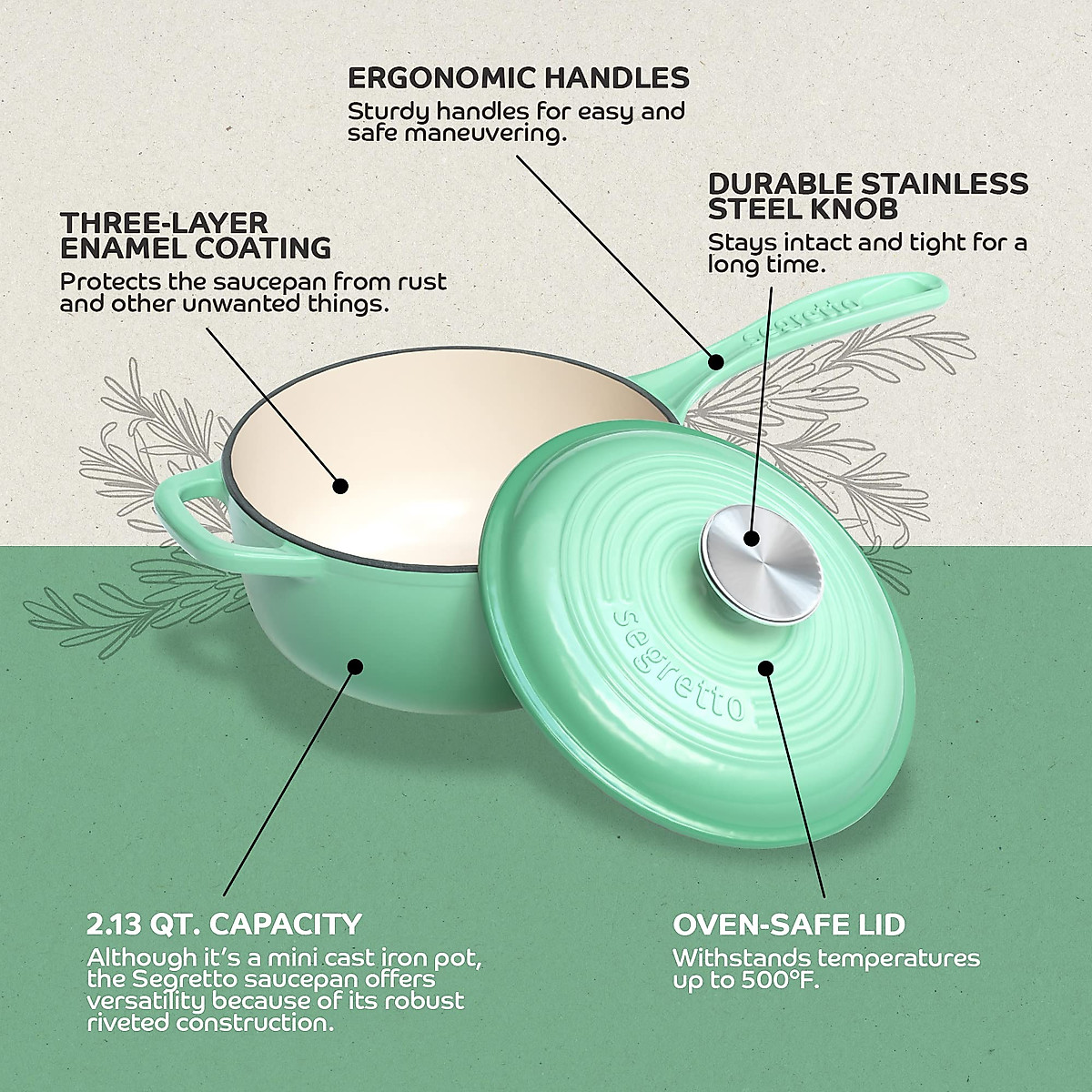 Small Sauce Pan with Lid, 2.13 QT Verde Chiaro (Light Green) Sauce Pot, Small Pot with Stay Cool Helper Handle and Tight-Fitting Lid-Segretto Cookware