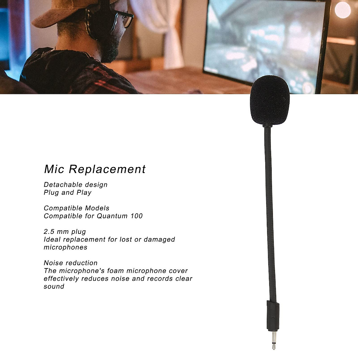 Game Mic Replacement for 100, Noise Cancelling Sponge Adjustable Microphone Arm, 2.5mm Detachable Game Boom Microphone for Gaming Headsets