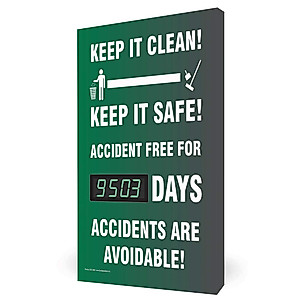 ComplianceSigns.com Keep It Clean! Keep It Safe! Accident Free Digital Safety Scoreboard, 28x20 inch Aluminum