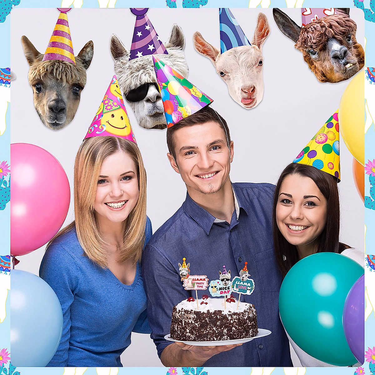 Llama Birthday Garland Funny Alpaca Face Portrait Bunting Banner 24 pcs Llama Cactus Cake Cupcake Topper Hilarious Mexican Bday Party Decoration Baby Shower Supplies