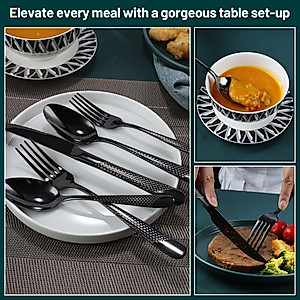 PUREAIN Silverware Set, 30 Pieces Black Hammered Flatware Set for 6, Mirror Polished Stainless Steel Cutlery Set for Home, Kitchen, Restaurant and Hotel, Dishwasher Safe