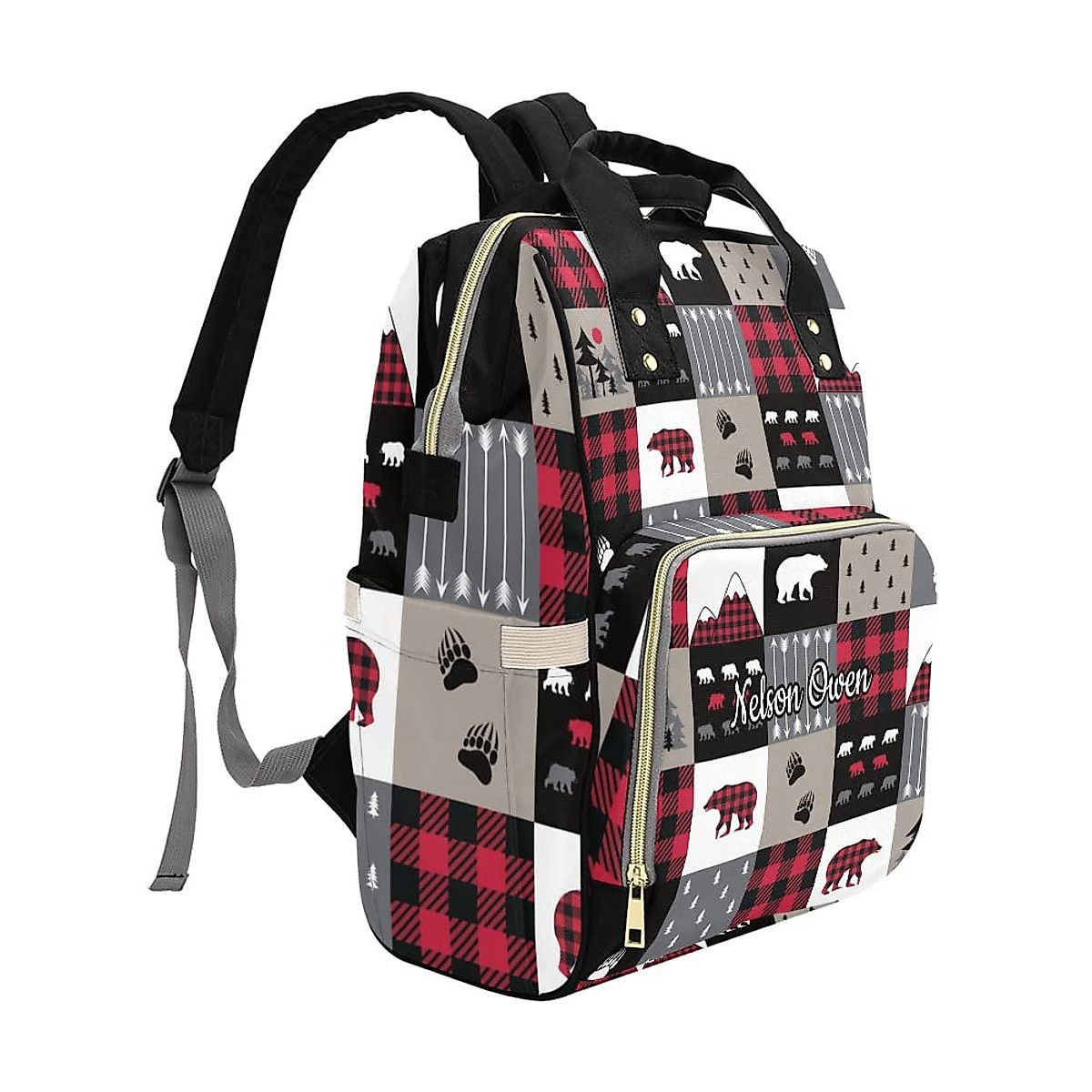 Plaid Bears Mountains Black Personalized Diaper Backpack with Name,Custom Travel DayPack for Nappy Mommy Nursing Baby Bag One Size