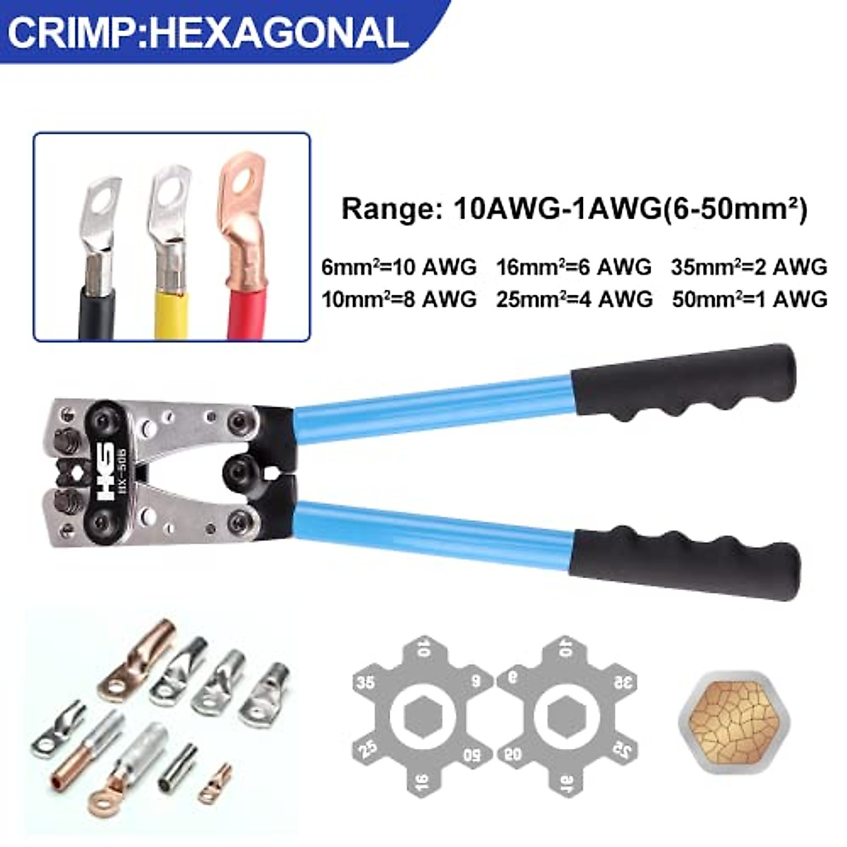 HKS Battery Cable Crimping Tool for AWG 10-1 Copper Ring Terminals, Heavy Duty Crimper for Wire Lugs