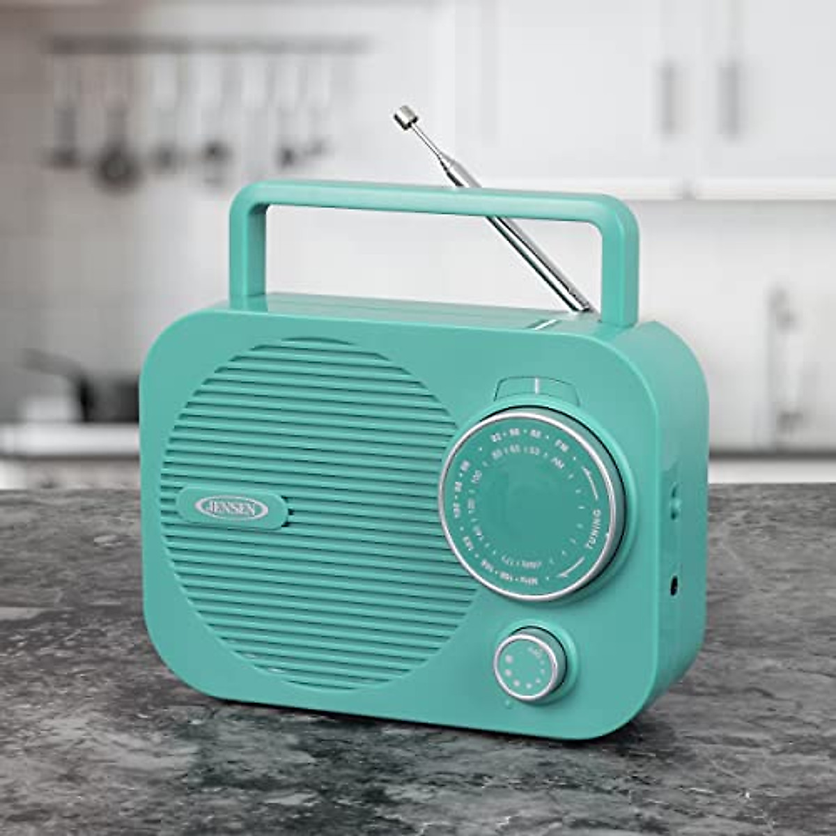 Jensen MR-550 Teal Modern Portable AM/FM Radio, Vintage Retro Rotary Dial with Built in Speakers + Aux Line-in, Power Plug or 4 x ‘C’ Batteries - (Limited Edition)