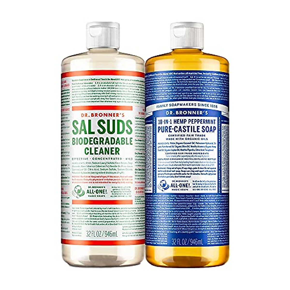 Dr. Bronner's - Variety Pack: Pure-Castile Liquid Soap (Peppermint, 32 oz) & Sal Suds Biodegradable Cleaner (32 oz) - Organic, Non-GMO, Vegan, Cruelty-Free | 2 Count