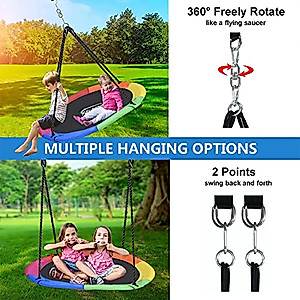 Hishine 43" Saucer Tree Swing for Kids, 360° Rotate Waterproof Flying Saucer Swing with Swivel, Hanging Straps, Adjustable Ropes, Round Mat Spinner Swing for Tree/Swing Set (Rainbow)