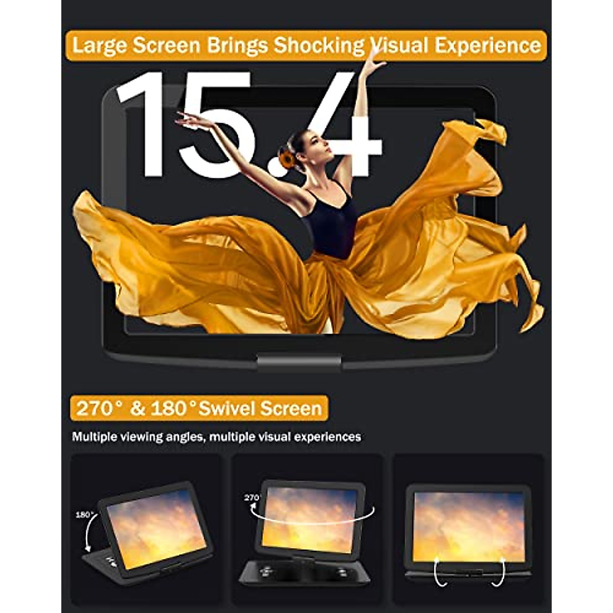 WONNIE 17.9’’ Large Portable DVD/CD Player with 6 Hrs 5000mAH Rechargeable Battery, 15.4‘’ Swivel Screen，1366x768 HD LCD TFT, Regions Free, Support USB/SD Card/ Sync TV , High Volume Speaker