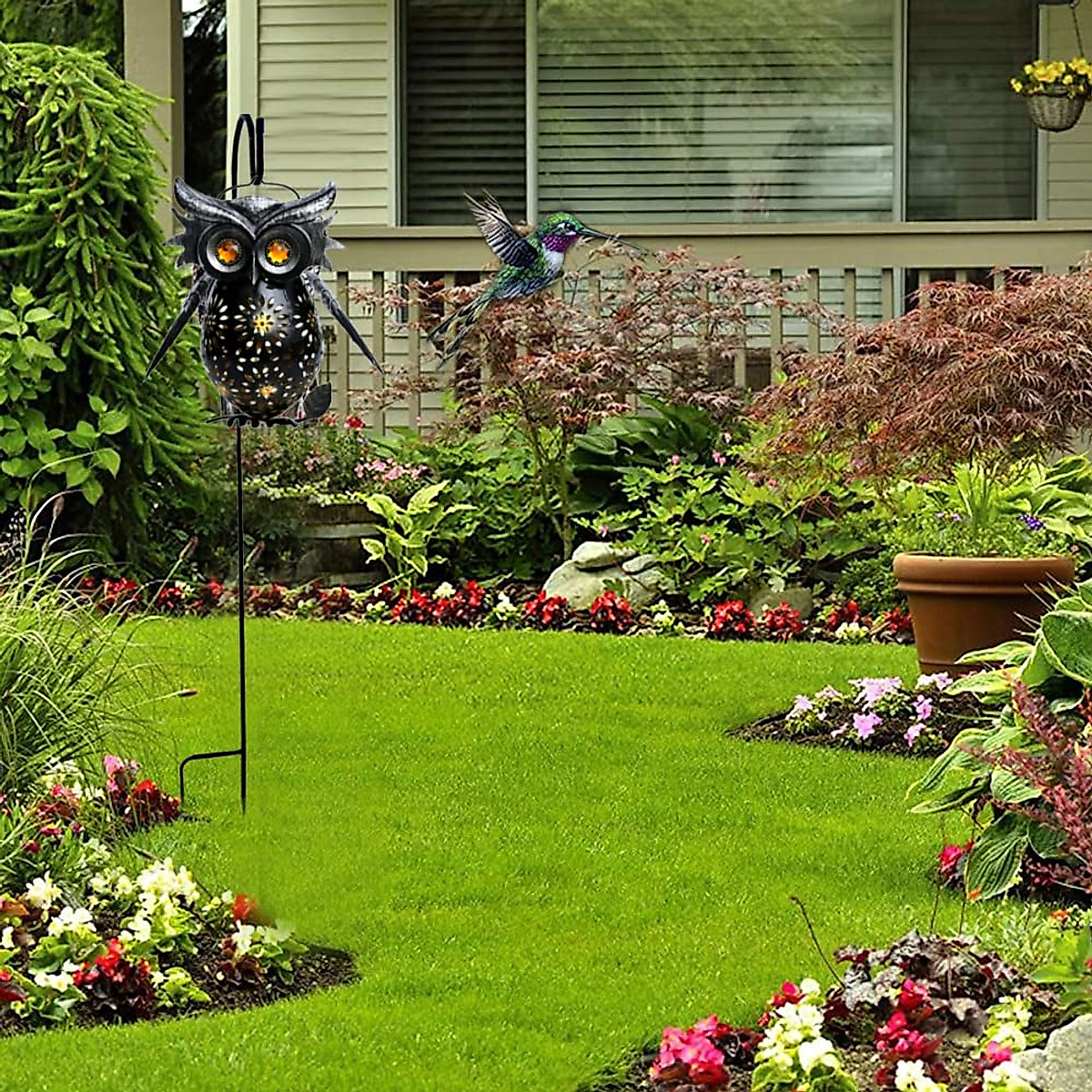 JCWH Owl Solar Light,owl Garden Decor,Pathway Outdoor Stake Metal Lights, with Hanging Waterproof Warm White Led for Lawn Patio Backyard Tree Patio