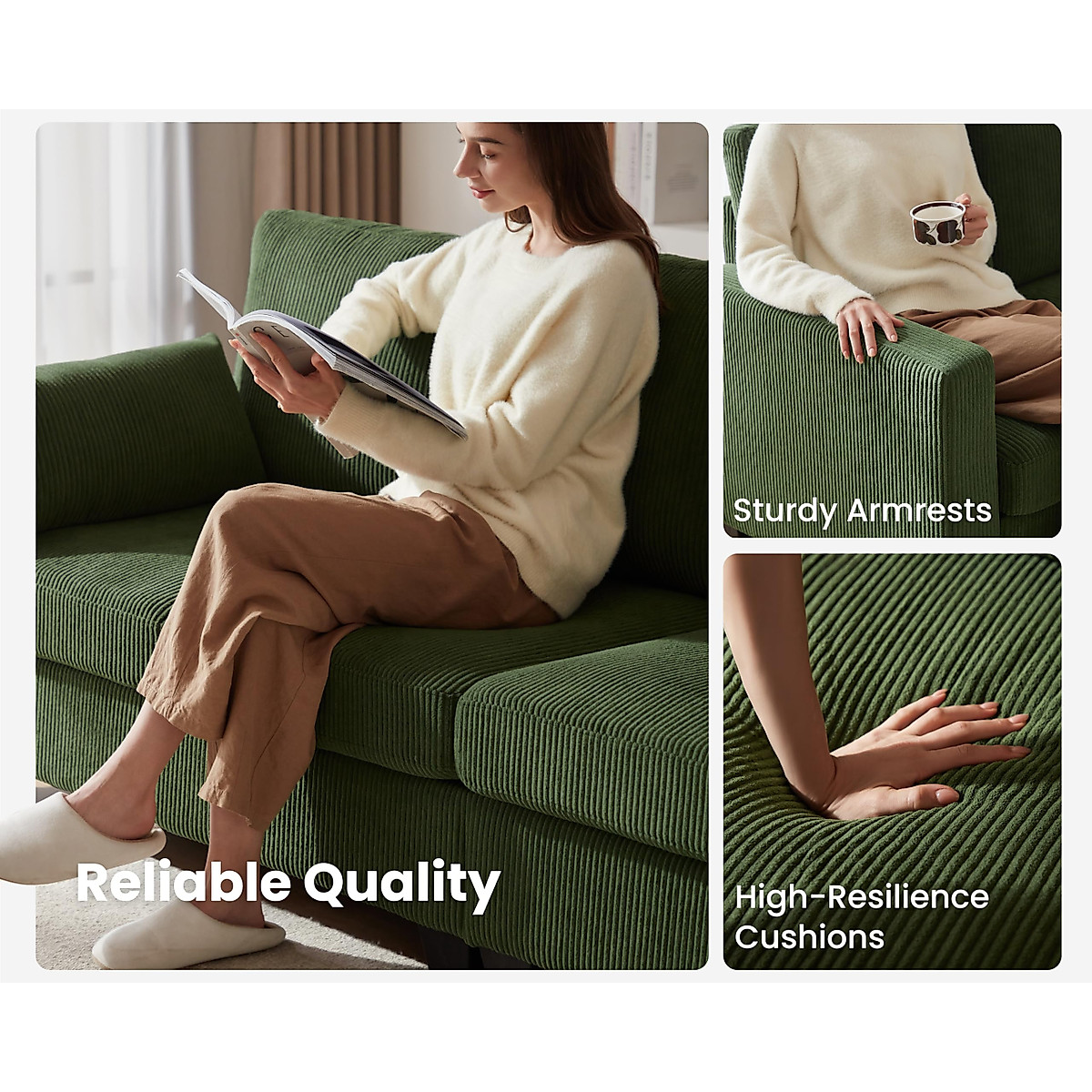 CHIC HOUSE Modular Sectional Sofa Corduroy Couch, Customizable U-Shaped Sofa with Storage Ottoman, Reversible Chaise for Living Room, Oversized L-Shaped Sofa Set (Green, 4 Seater Sectional)