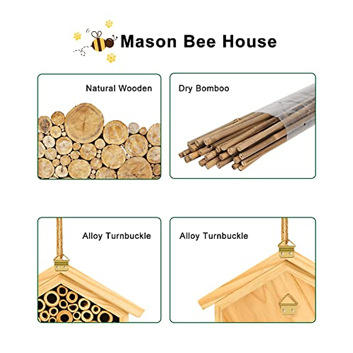 Mason Bee House - Handmade Wooden Bee Hotel Natural Bamboo Bee Habitat Hive Bee Box for Carpenter Bee, Garden Gifts, Pollinating Bees, Leaf Cutter Bee