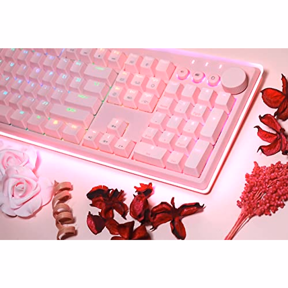 i-rocks K71M RGB Mechanical Gaming Keyboard with Media Control Knob, Gateron Switches (Brown), 104 Keys w/Full NKRO, PBT Keycaps, Multimedia Hotkeys, Detachable USB-C Cable and Onboard Storage, Pink