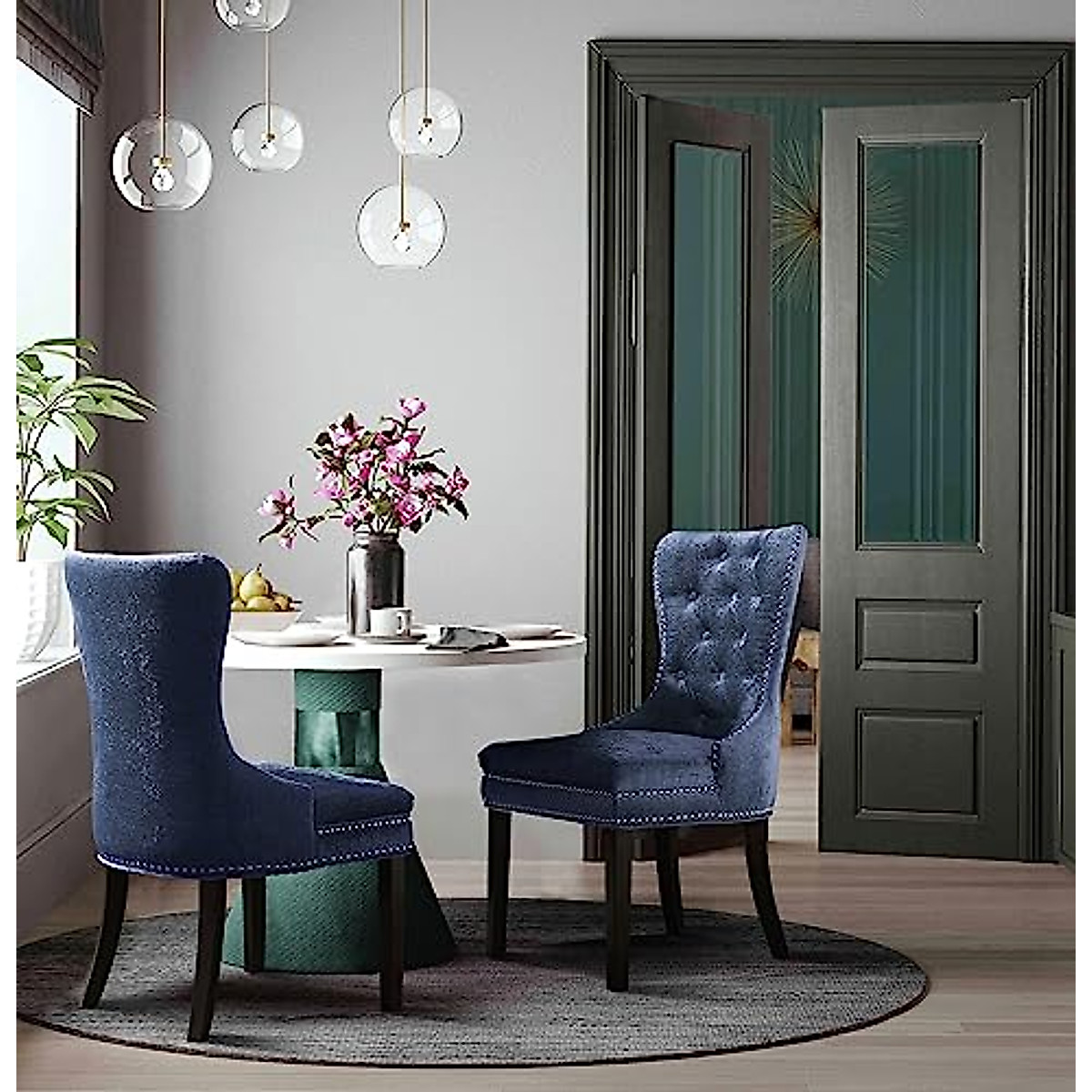 Iconic Home Diana Dining Side Accent Chair Button Tufted Velvet Upholstery Nail Head Trim Tapered Espresso Wood Legs, Modern Transitional, Set of 2, Blue