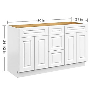 ROOMTEC 60" Assembled Double Sink Bathroom Vanity Base Cabinet with Drawers and Soft-Close Doors, Large Capacity Storage for Laundry, Kitchen, Shower & Utility Rooms