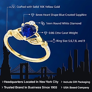 Gem Stone King 10K Yellow Gold Irish Celtic Claddagh Blue Created Sapphire and Diamond Accent Women Ring (0.86 Cttw, Available In Size 5, 6, 7, 8, 9)