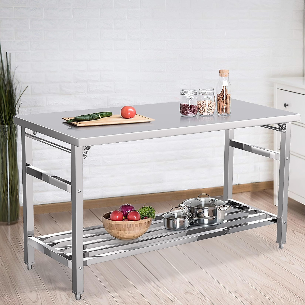 Stainless Steel Table, 24 x 60 Inches Folding Heavy Duty Table for Kitchen, Commercial Stainless Steel Prep Table with Adjustable Undershelf, for Restaurant, Home and Hotel