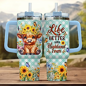 99OWL Highland Cow Gifts, For Cups Butterfly Tumblers Women Yellow Handle Coffee, Tumbler 40 Oz With Handle Lid And Straw, Cute Highland Cow Sunflower