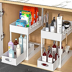 PUILUO Under Sliding Cabinet Basket Organizer, 2 Tier Under Sink Organizers White Under Sink Storage for Bathroom Kitchen