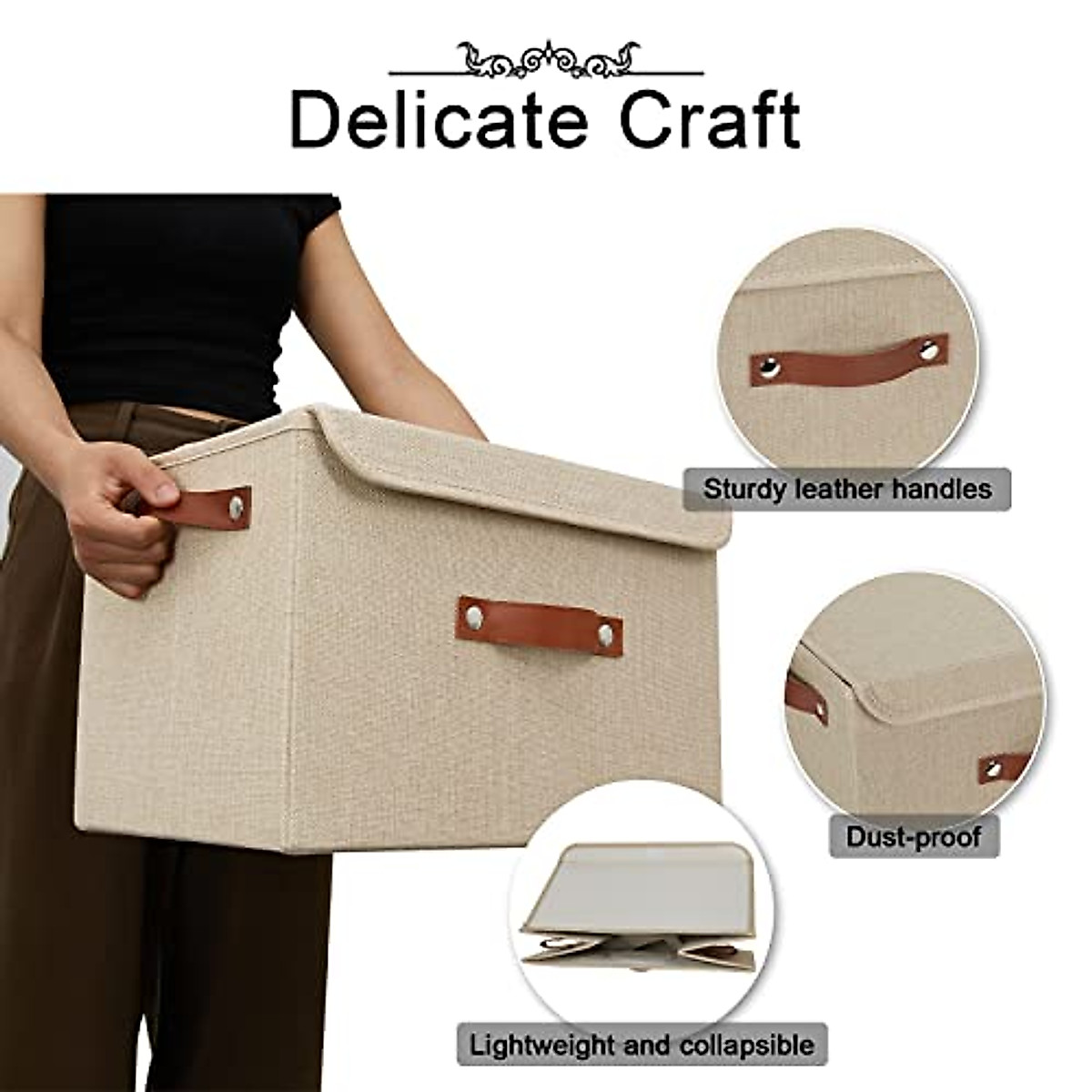 WLFRHD Fabric Storage Baskets with Lids 15x10x10 inches Collapsible Decorative Storage Boxes with Lids Closet Storage Bins Organizer Storage Works Fabric Storage Boxes with Handles for Toys Shelves Clothes (Khaki,3-Pack)