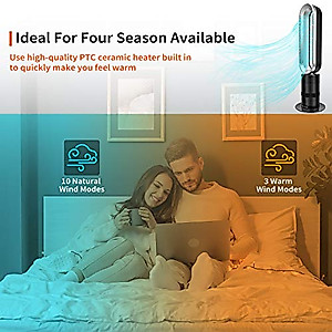 HealSmart 32-inch Space Heater Bladeless Tower Fan, Heater & Fan Combo, 9H Timer 10 Speeds with Remote Control, Air Circulator Fan for Home