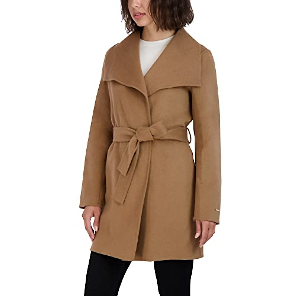 Tahari Women's Ella Lightweight Double Face Wool Wrap Coat with Tie Belt, Solid Camel, Medium