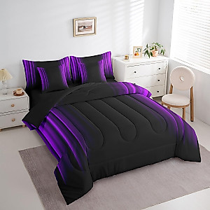 Feelyou Geometric Abstract Ombre Comforter Set with Sheets Kids Teens Purple and Black Striped Bedding Bed Set Decor Modern Fashion Bed in a Bag Bedroom Collection Twin Size