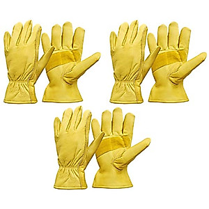 Leather Work Gloves Stretchable Wrist Tough Cowhide Safe Working Glove (3, Large)