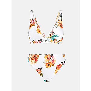 CUPSHE Bikini Set for Women Two Piece Swimsuit Plunge V Neck Hollow Out Trim Retro Mid Rise Floral Print M, White