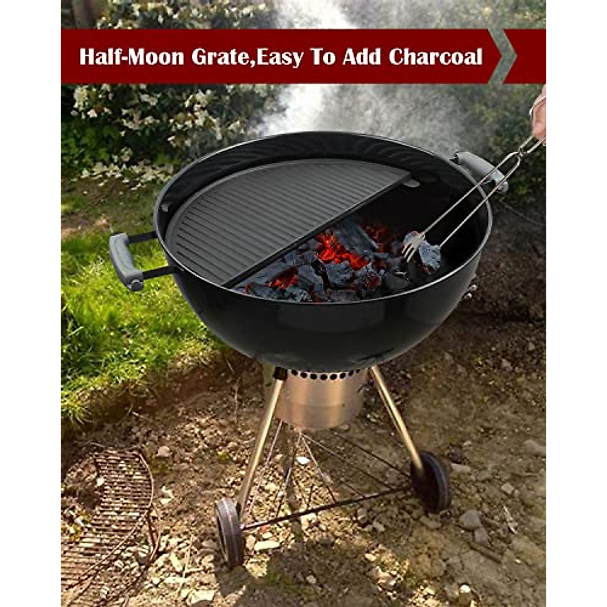 KAMaster 22" Half Moon Cast Iron Cooking Grate Grill Accessory Replaces For Weber Charcoal Grill Half Moon Grate+Griddle+4 Support Extension,Cooking Grate for Big Green Egg and Other Kamado Grills