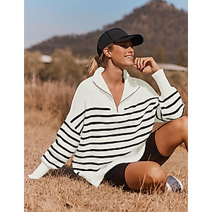 ZESICA Women's Striped Sweaters Half Zipper Long Sleeve Ribbed Knit Loose Oversized Pullover Sweater Tops,White,Large