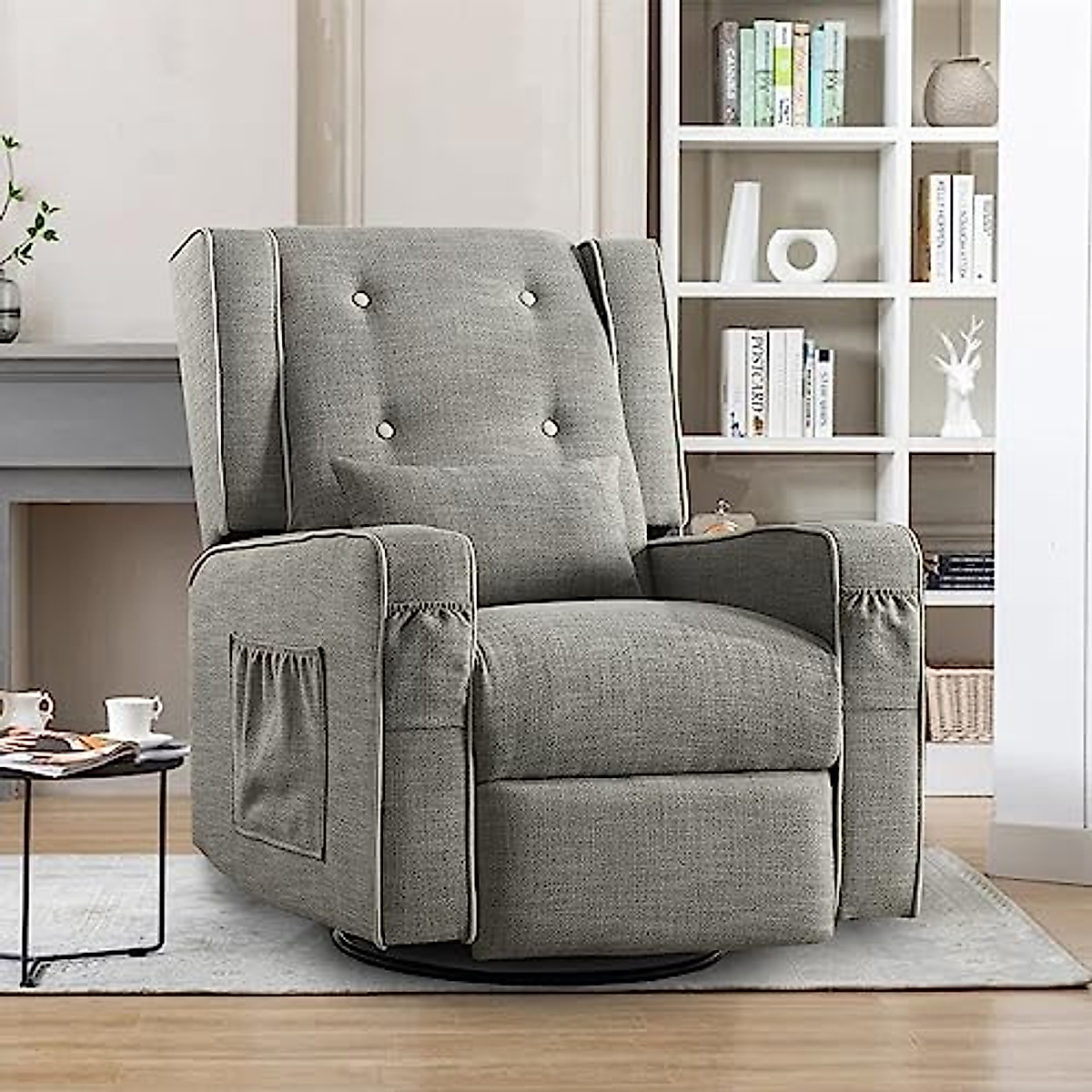 OPRISEN 360° Manual Swivel Recliner Swivel Rocker Recliner Chair for Nursery Overstuffed Wingback Glider Chair w/Side Pockets/Cup Holders (Beige)