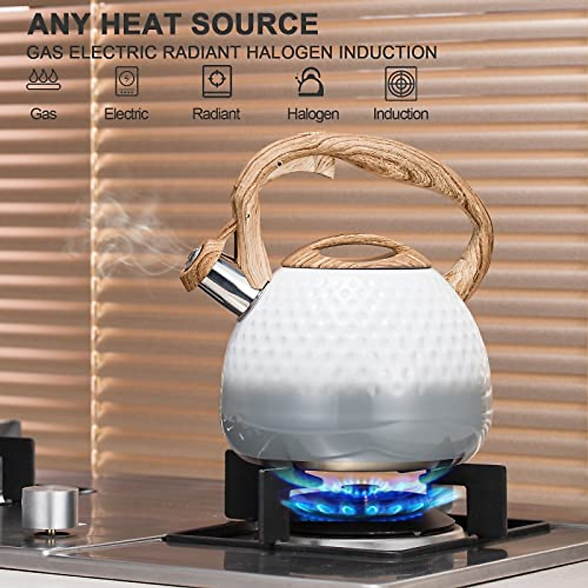 Tea Kettle, Stovetop Teapot, 2.7 Quart, Loud Whistle, Food Grade Stainless Steel and Smooth Wood Pattern Handle, Sophisticated Look for Hiking, Picnic, for Tea, Coffee, Milk (White)