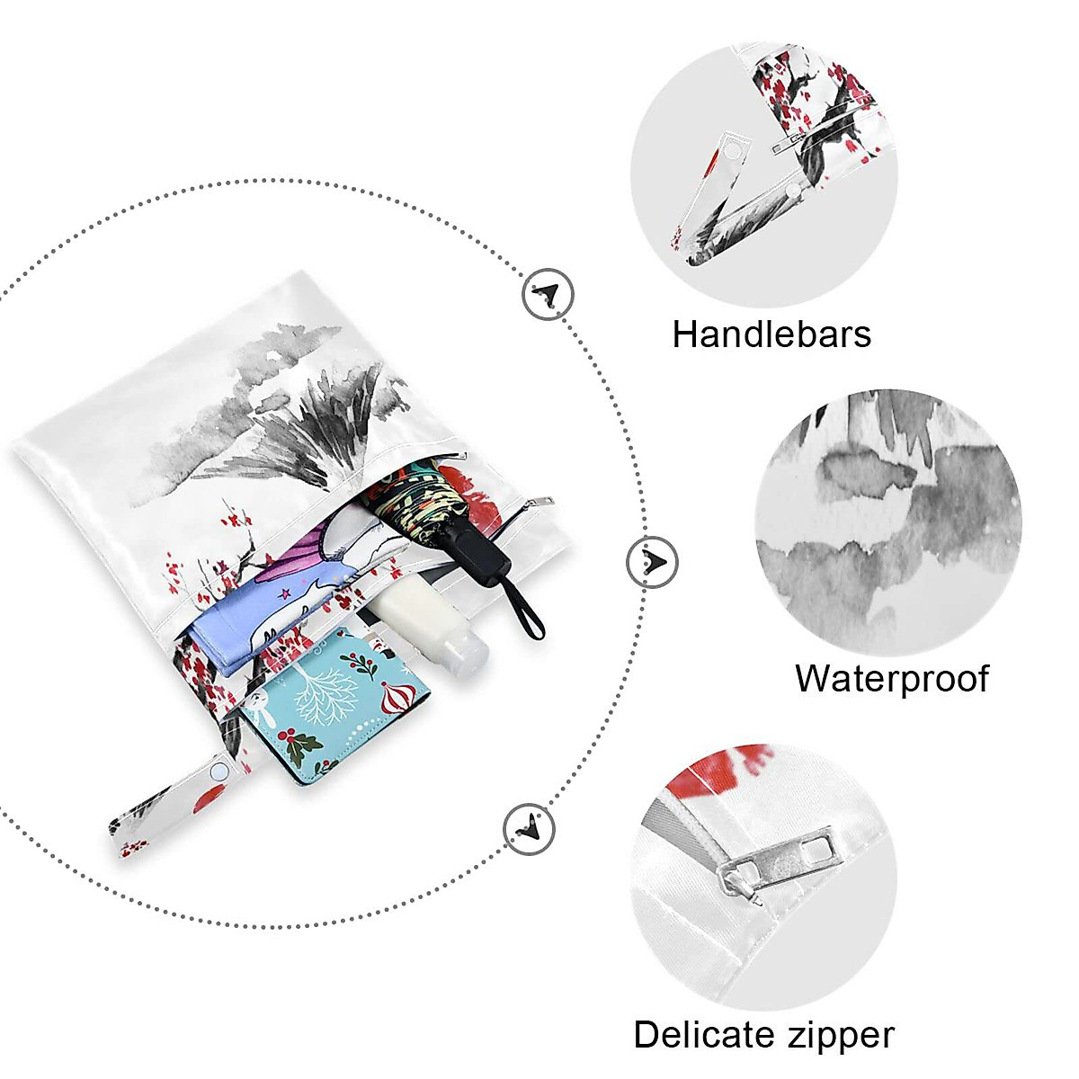 HUXINO Waterproof Wet Dry Bags Japan Mountain Cherry Flower, Kids Baby Cloth Diaper Wet Bags Organizer Reusable Bags Pouch with 2 Zippered Pockets Beach Travel Hiking Gym Bag for Swimsuits Wet Clothes