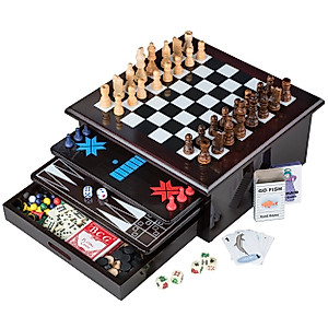 Board Game Set - Deluxe 15 in 1 Tabletop Wood-accented Game Center with Storage Drawer (Checkers, Chess, Chinese Checkers, Parcheesi, TicTacToe, SOlitaire, Snakes and Ladders, Mancala, Backgammon, Poker Dice, Playing Cards, Go Fish, Old Maid, and Dominos)