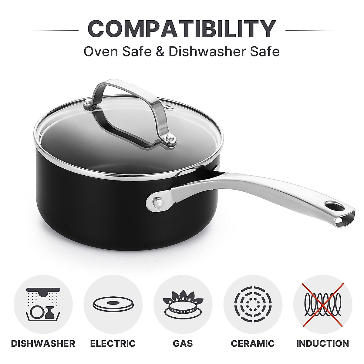 QStar 1.5 qt Hard-Anodized Aluminum Nonstick Sauce Pan in Black with Lid and Stainless Steel Handle