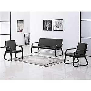 Bestmart PVC Leather 3PCS Office Reception Sofa Set Executive Side Waiting Room Visitor Guest Sofa,Dark Black