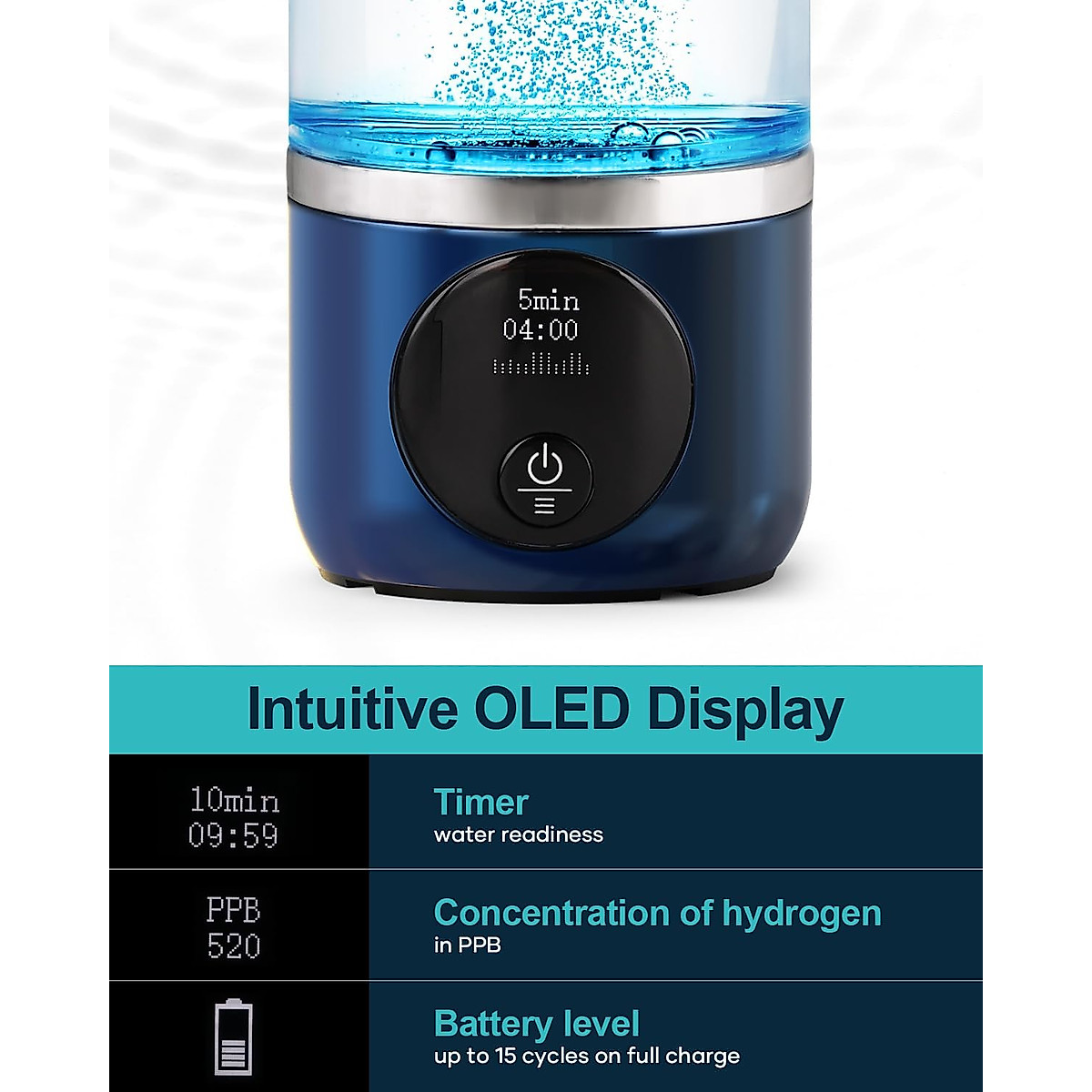 Hydrogen Water Bottle, BUZIO 3000ppb Hydrogen Water Bottle Generator Machine with Gen5 Technology Real Pure Hydrogen Concentration Alkaline Water bottle for Fitness, with Dupont Membrane, OLED Display