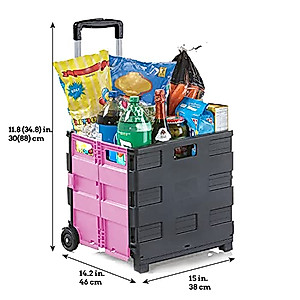 Inspired Living Ultra-Slim Rolling Collapsible Storage Pack-N-Roll Utility-carts, with Telescopic Handle, for Home, Garden, Shopping, Office, School use, Medium, Pink & Black