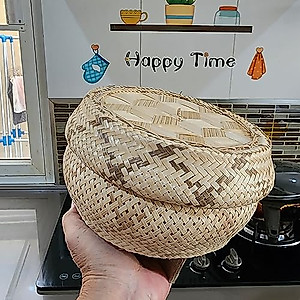 Heavens Tvcz Professional Basket Bamboo Wickerwork Thai Traditional Rice Sticky Steamer Eco-Friendly with Lid Sticky Rice Cooker Steamer Home Electric Cooker Safe Free Cloth 2 Pcs for Asian Food