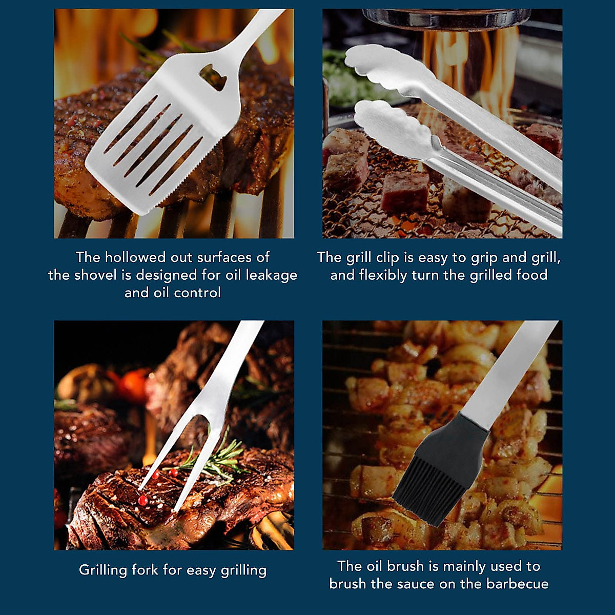 4Pcs Grill Tools, Stainless Steel Grill Tool Set Hook Design Bbq Tool Set Portable Bbq Tools Sturdy Grilling Tools Set for Outdoor, Cooking, Camping, Grilling