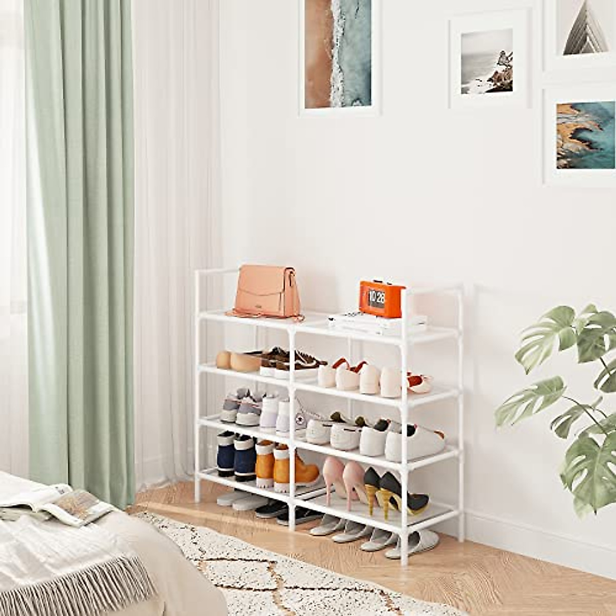 Calmootey 4-Tier Shoe Rack Double Row Storage Organizer,16-20 Pairs Shoe Storage Shelf for Entryway,Living Room,White