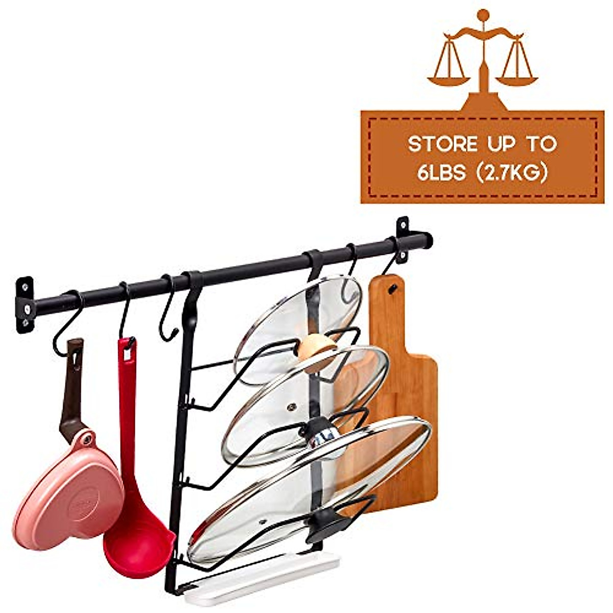 EZOWare Hanging Pot Lid Organizer Holder Rack with Drainboard Set, Includes 23.6 inch Kitchen Wall Mounted Rail Rod with 5 S Hooks for Utensils Pots Pans Lids - Black