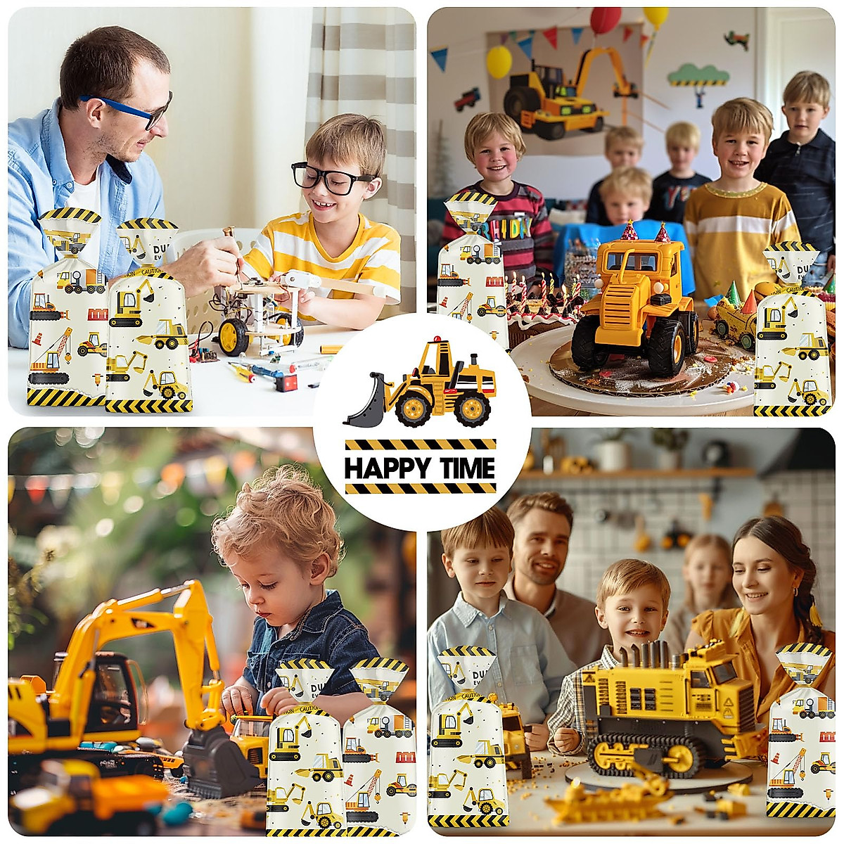 50 Pack Construction Party Favor Bags - Construction Theme Treat Bags, Truck Themed Cello Cellophane Gift Candy Goodie Bags with Gold Twist Ties for Kids Construction Birthday Party Supplies Favors