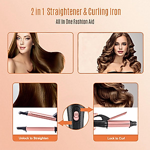 2 in 1 Travel Curling Flat Iron Dual Voltage Mini Hair Straightener and Curler with 1 Inch Rose Gold Ceramic PTC Plate (Gold)