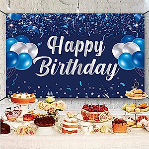 Trgowaul Happy Birthday Banner Backdrop, Blue and Silver Birthday Party Decorations, Birthday Party Supplies Men Women, Birthday Gifts Photo Background Banner Decor Girls Boys Kids Outdoor Indoor